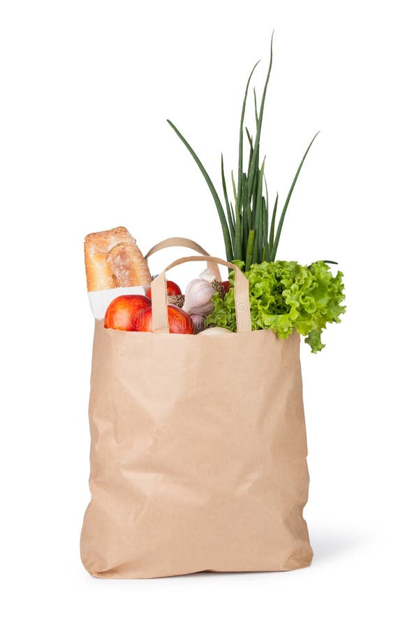Kid Holding Paper Grocery Bag Full of Vegetables Milk, Bread. Happy ...