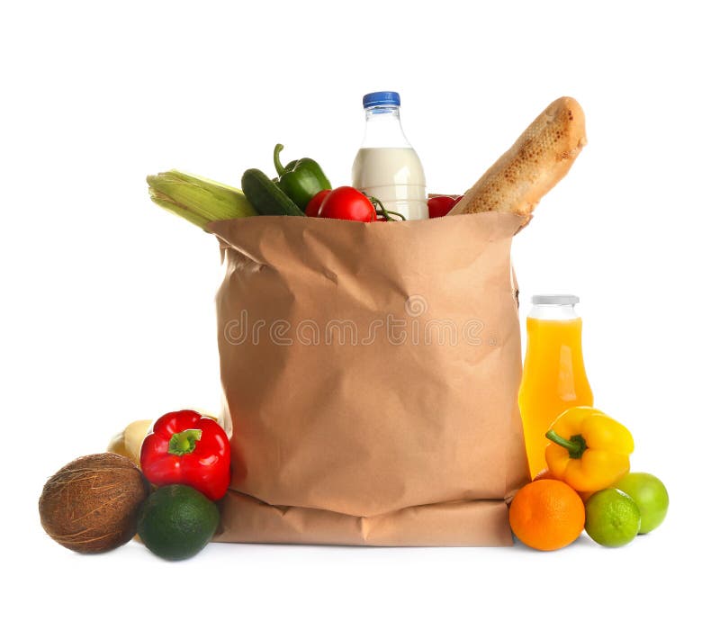 Paper Bag Full of Products on White Background Stock Image - Image of ...