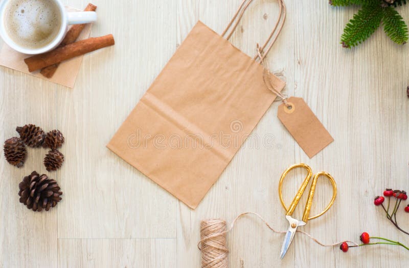 Paper bag and label mockup stock image. Image of paper - 162568657