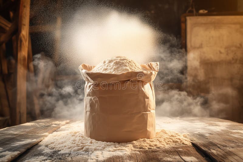 Paper Bag Overflowing with White Flour on Rustic Wooden Table Stock ...