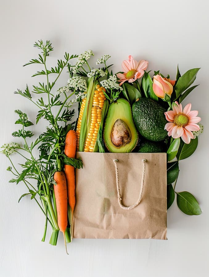 A Paper Bag with Vegetables and Fruits Inside, on the Right Side of it ...