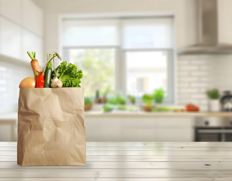 Paper Bag of Vegetables in Modern Kitchen Stock Illustration ...