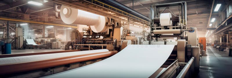 Paper Being Produced in a Mill with Machines Converting Pulp into Rolls ...