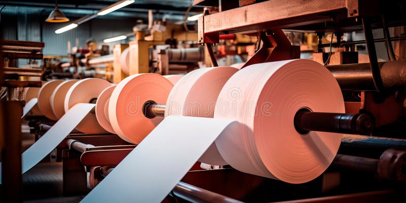 Paper Being Produced in a Mill with Machines Converting Pulp into Rolls ...