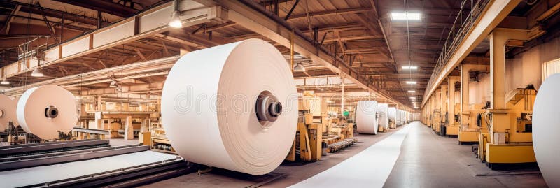 Paper Being Produced in a Mill with Machines Converting Pulp into Rolls ...