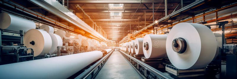 Paper Being Produced in a Mill with Machines Converting Pulp into Rolls ...