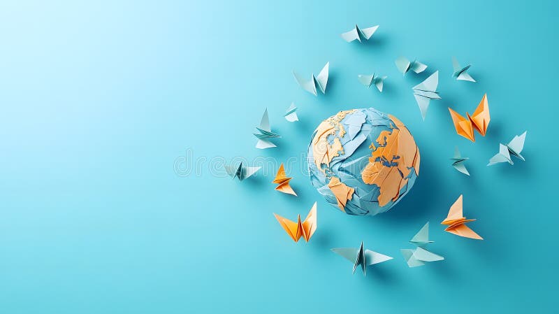 Paper Birds Flying Around the World Symbolizing Caring for Planet Earth ...