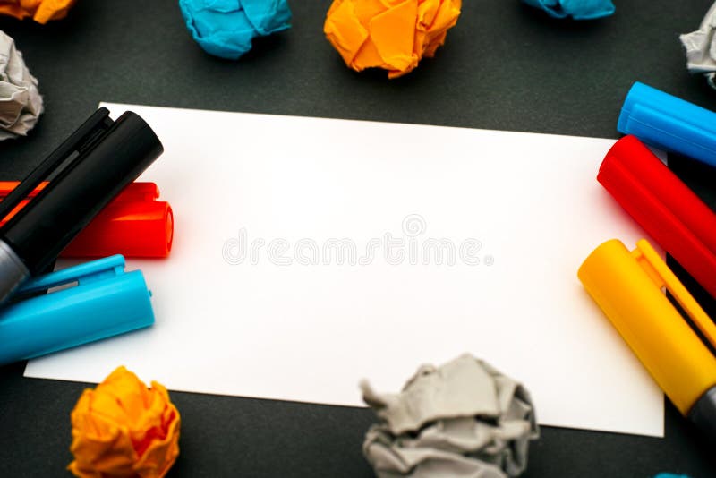 Paper Blank with Colour Pens and Crumpled Paper Stock Photo - Image of ...