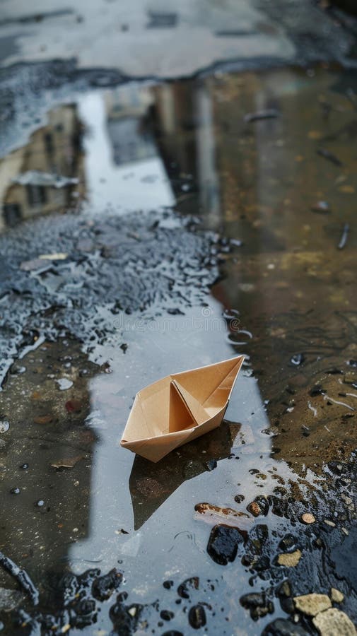 Paper Boat Floating on a Puddle with Reflection of Buildings Stock ...