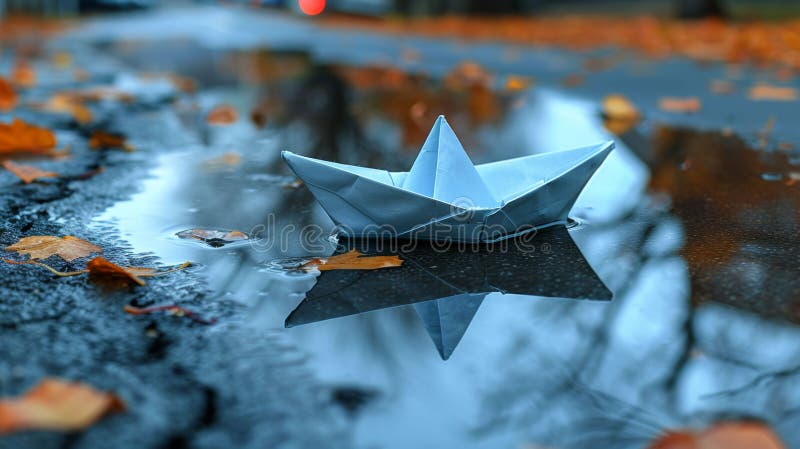 Paper Boat Floating on a Puddle Surrounded by Autumn Leaves Stock Image ...