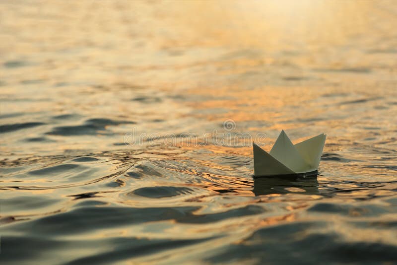 Paper Boat Floating on Water Outdoors. Space for Text Stock Photo ...