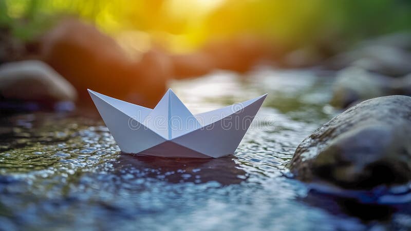 A Paper Boat Floats Down a Stream Stock Illustration - Illustration of ...