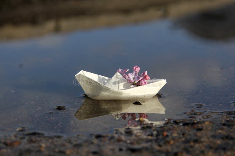 Paper boat with flower stock photo. Image of puddle, lonely - 54480690