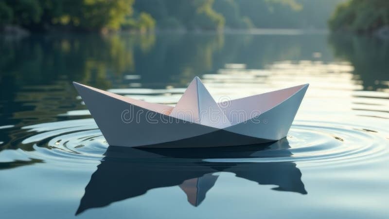 Paper Boat on the Lake Around the Forest Stock Photo - Image of origami ...