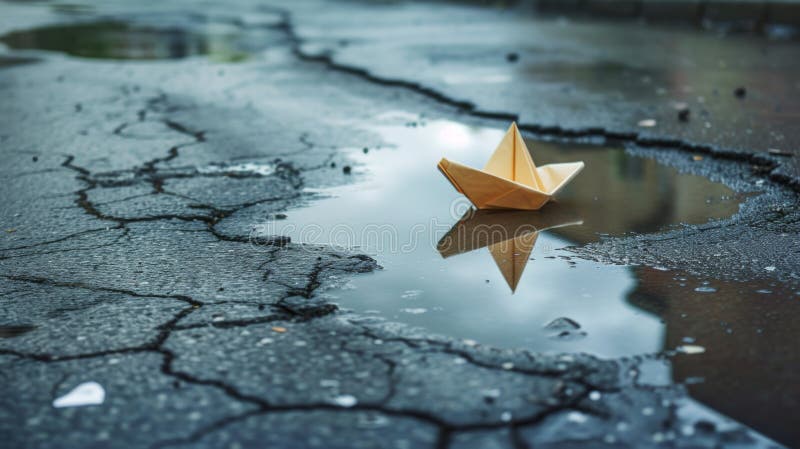 Paper Boat in a Puddle on a Cracked Road Stock Photo - Image of ...