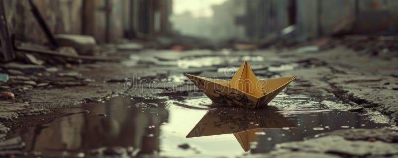 Paper Boat in a Puddle on a Desolate Urban Street Stock Photo - Image ...