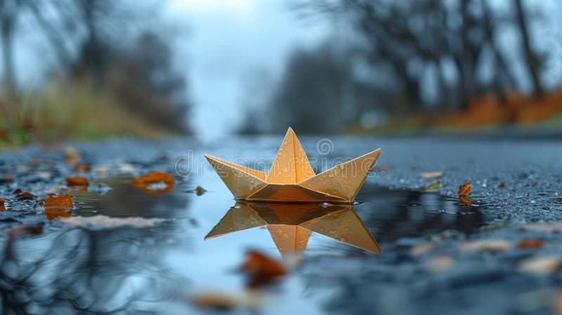 Paper Boat in a Puddle on a Rainy Autumn Day Stock Photo - Image of ...