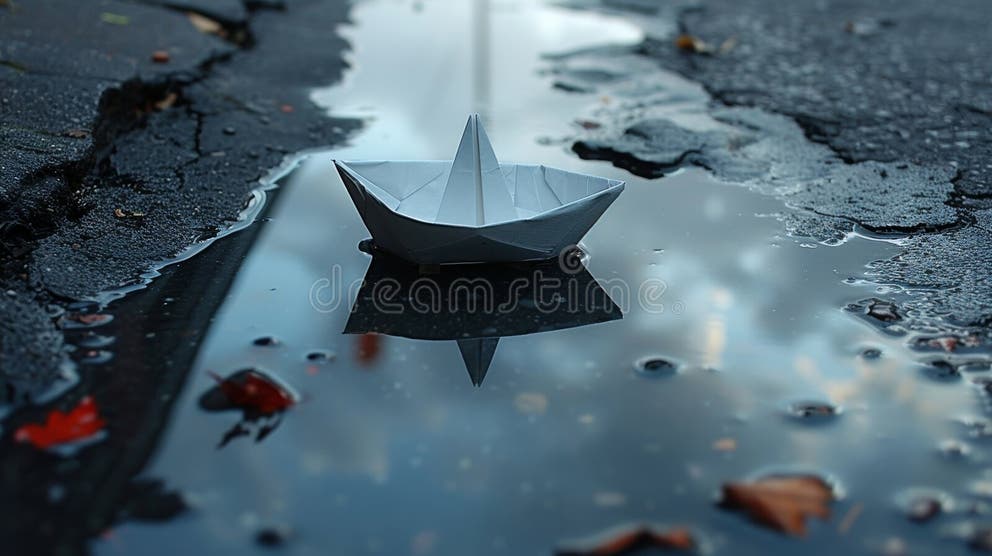 Paper Boat on a Reflective Water Puddle Stock Photo - Image of paper ...