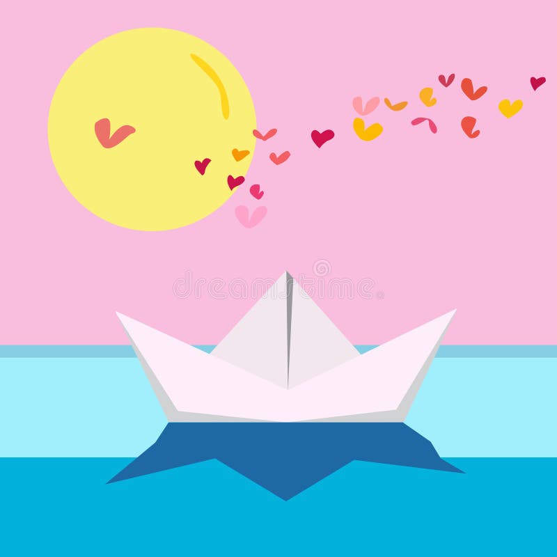 Paper Boat Sailing on Blue Boundless Water and the Moon Stock Vector ...