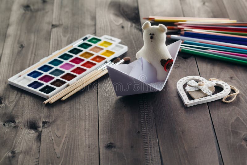 Paper Boat and Soft Toy on Wooden Table Stock Image - Image of hobby ...