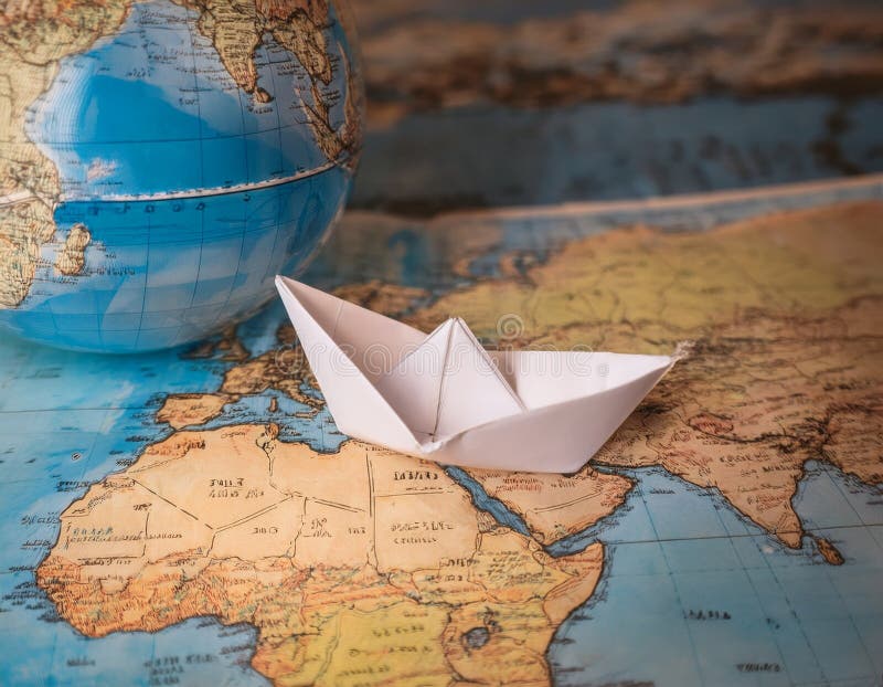 Paper Boat on a World Map with Globe in the Background Stock ...