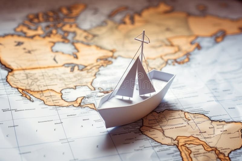 Paper Boat on the World Map Paper, Travel Concept Stock Illustration ...