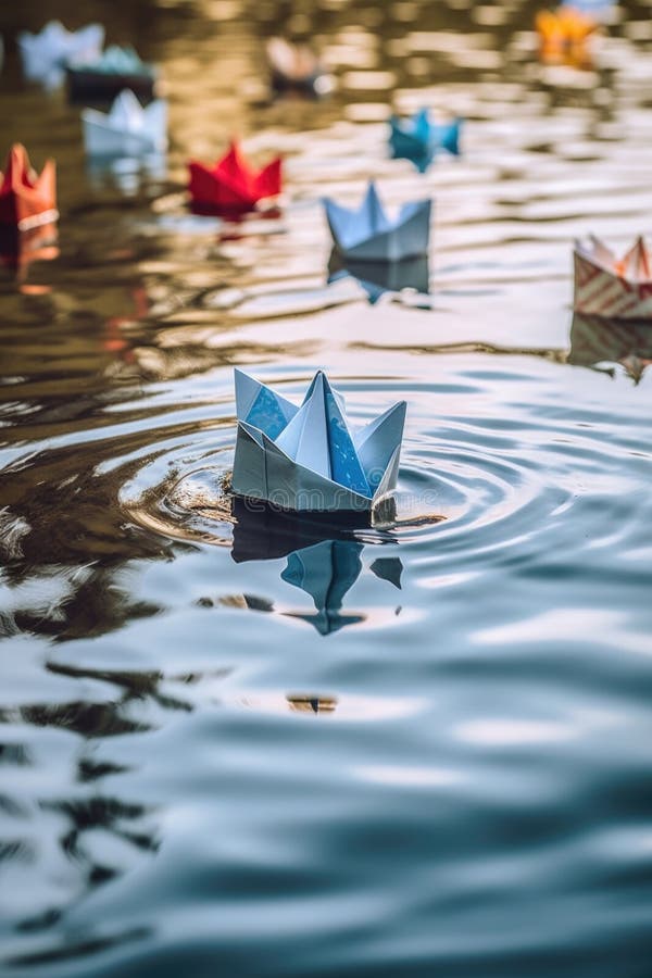 Paper Boats Floating Together in Formation Stock Illustration ...