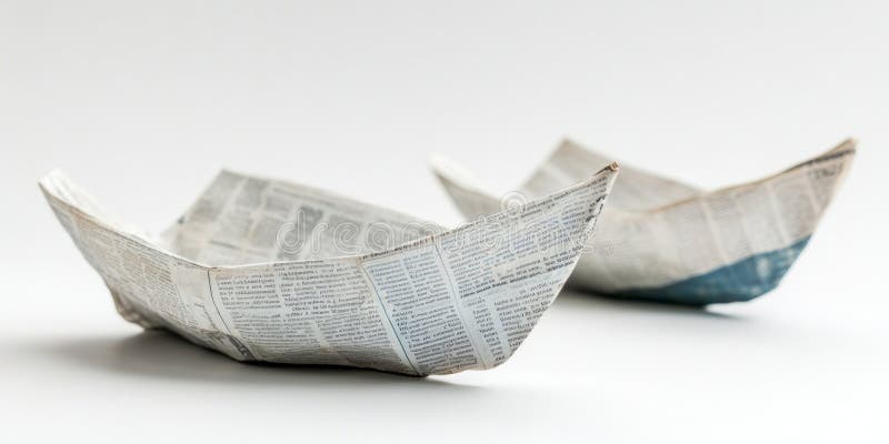 Two Simple Paper Boats Made from Newspaper Sit on a Clean White Surface ...