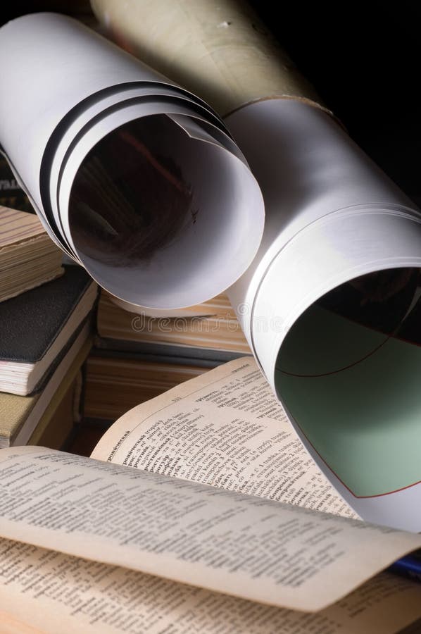 Architectural Plan with Open Book and Pencil Stock Photo - Image of ...