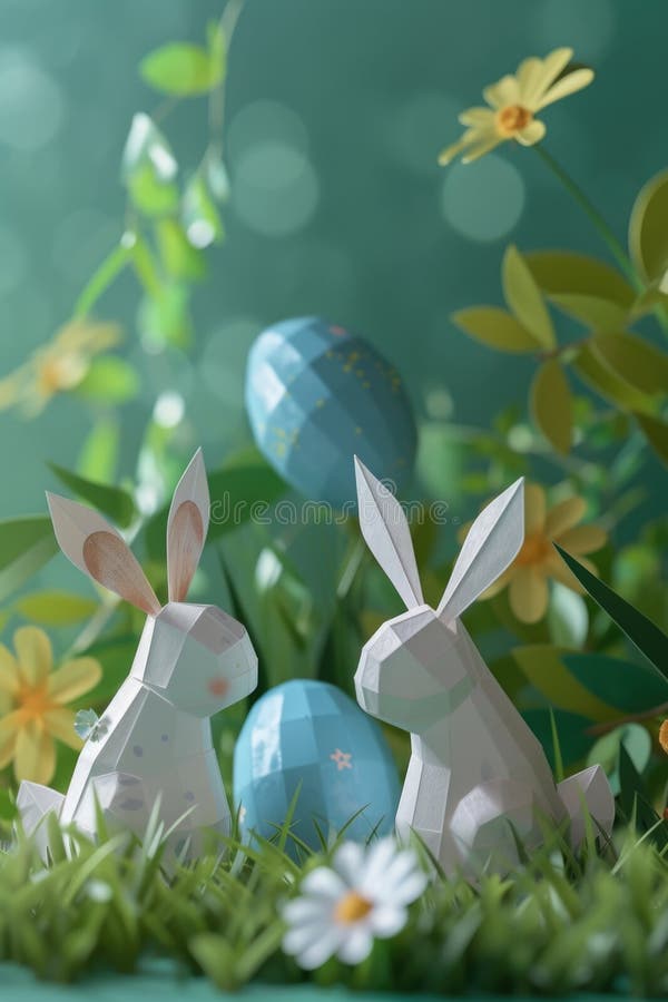 Paper bunnies in the grass stock photo. Image of design - 373844160