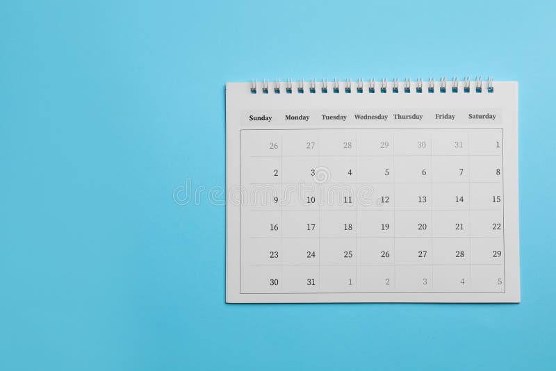 Paper Calendar on Light Blue, Top View. Space for Text Stock Image ...