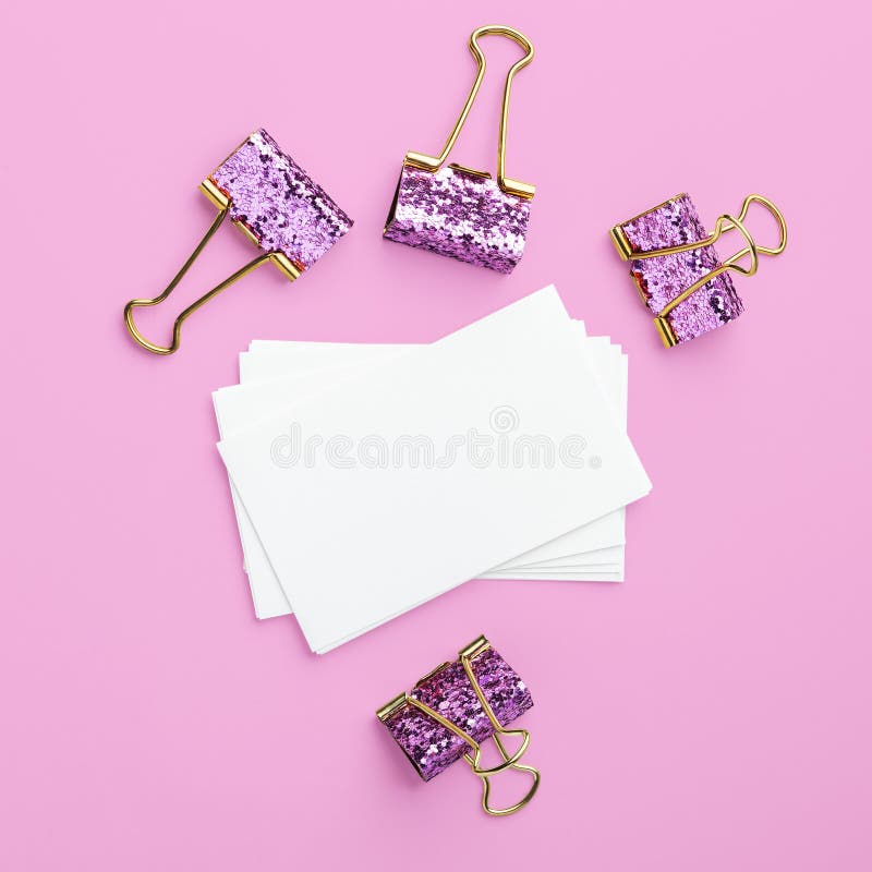 Paper Card Note and Gold Binder Clips with Glitter on Pink Background ...