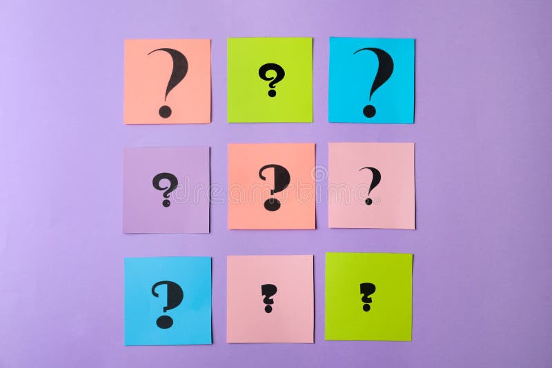 Paper Cards with Question Marks on Violet Background, Flat Lay Stock ...