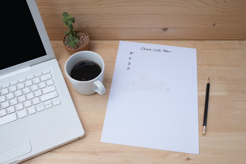 Paper Check List Planning for Work on Wooden Table. Stock Photo - Image ...