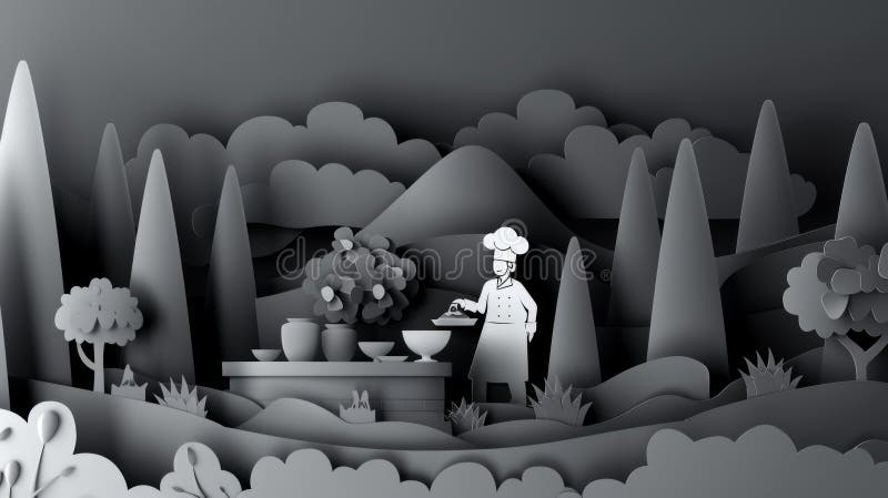Paper Chef, in a Paper Forest, Serves a Meal on a Table with Paper ...
