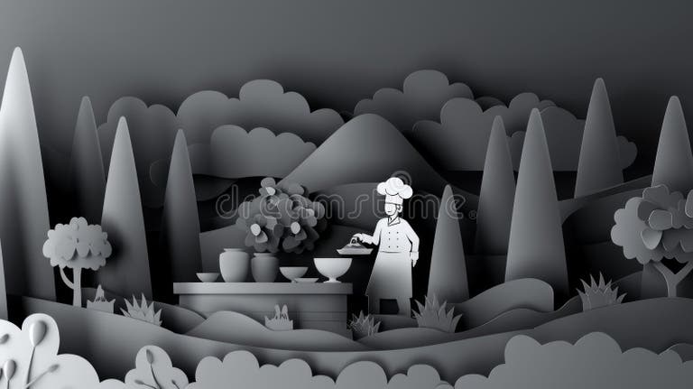 Paper Chef, in a Paper Forest, Serves a Meal on a Table with Paper ...