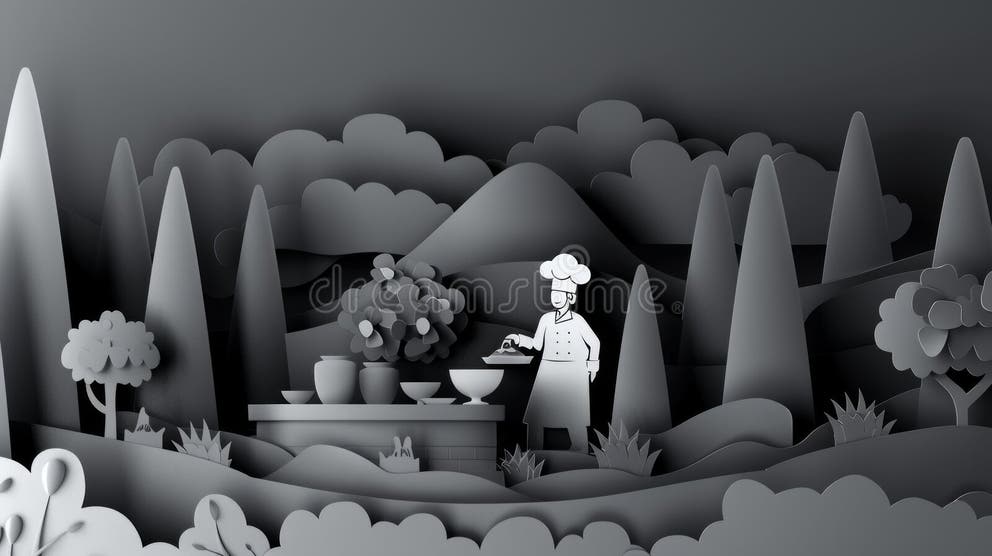 Paper Chef, in a Paper Forest, Serves a Meal on a Table with Paper ...
