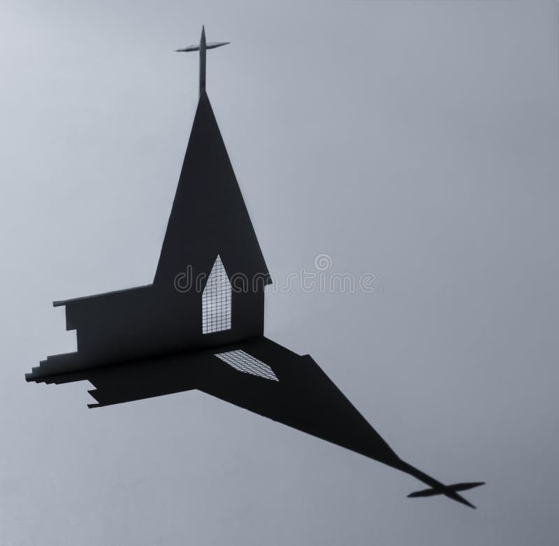 Paper Church with Shadow from a Spotlight in Studio on Grey Bacground ...