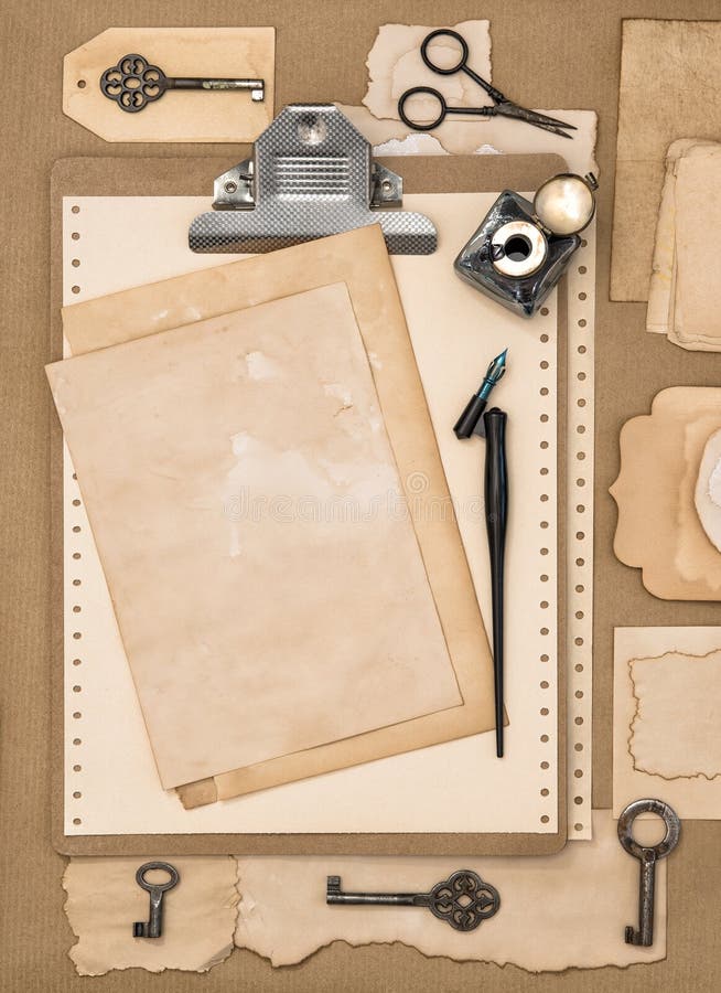 Paper Clipboard Calligraphic Writing Tools Vintage Flat Lay Stock Image ...