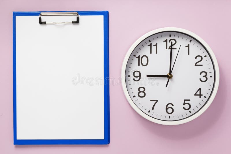 Paper Clipboard and Wall Clock at Abstract Background Stock Photo ...