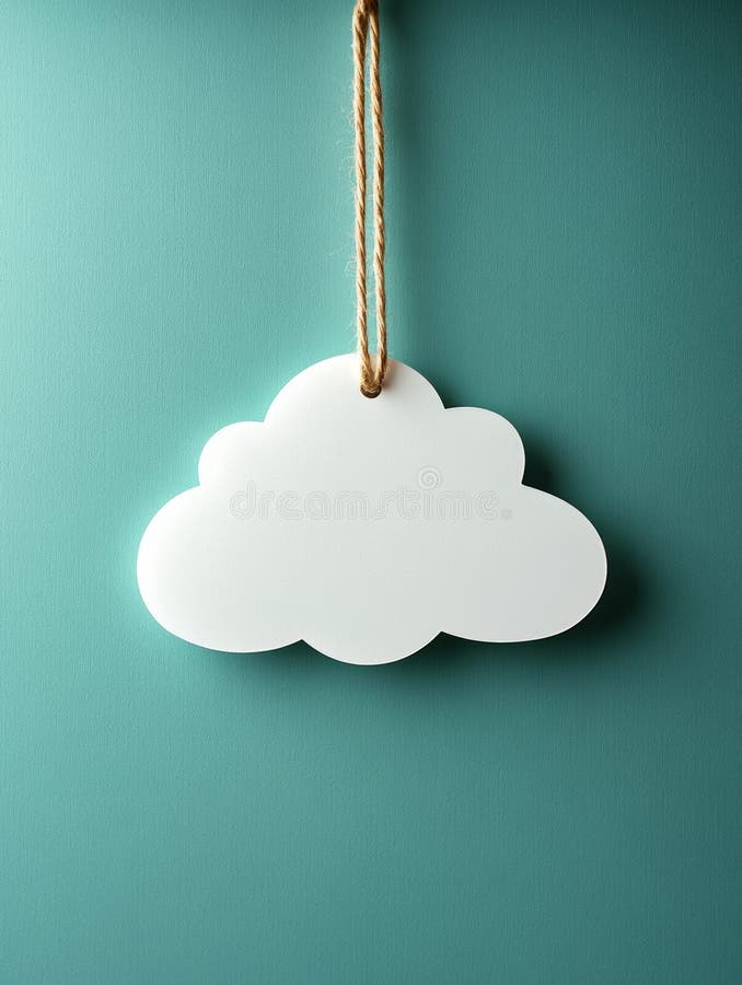 Paper Cloud Hanging on a String on Teal Background. Stock Photo - Image ...