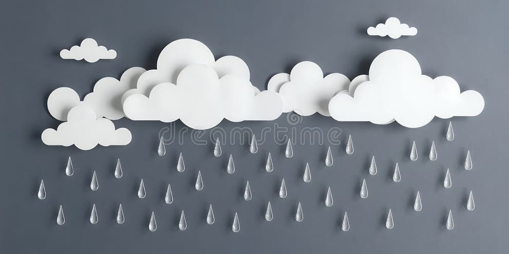 Paper Clouds with Raindrops Falling on a Gray Background Stock ...