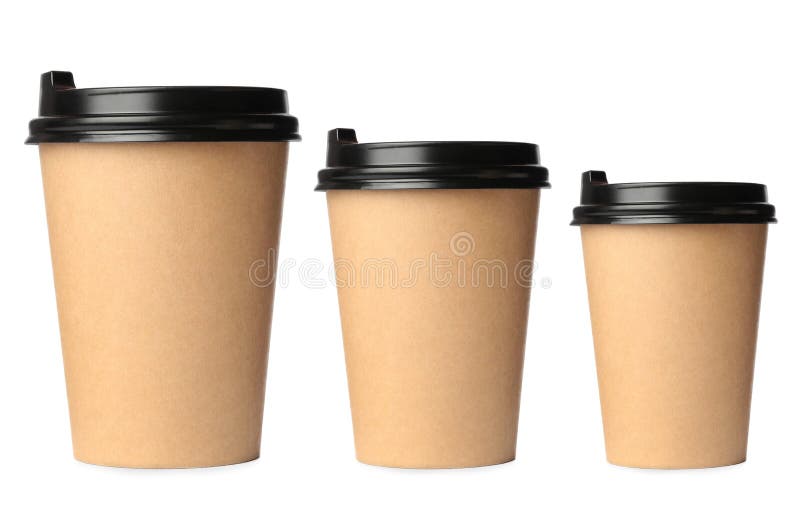 Paper Coffee Cups of Different Sizes on White Background, Collage Stock ...