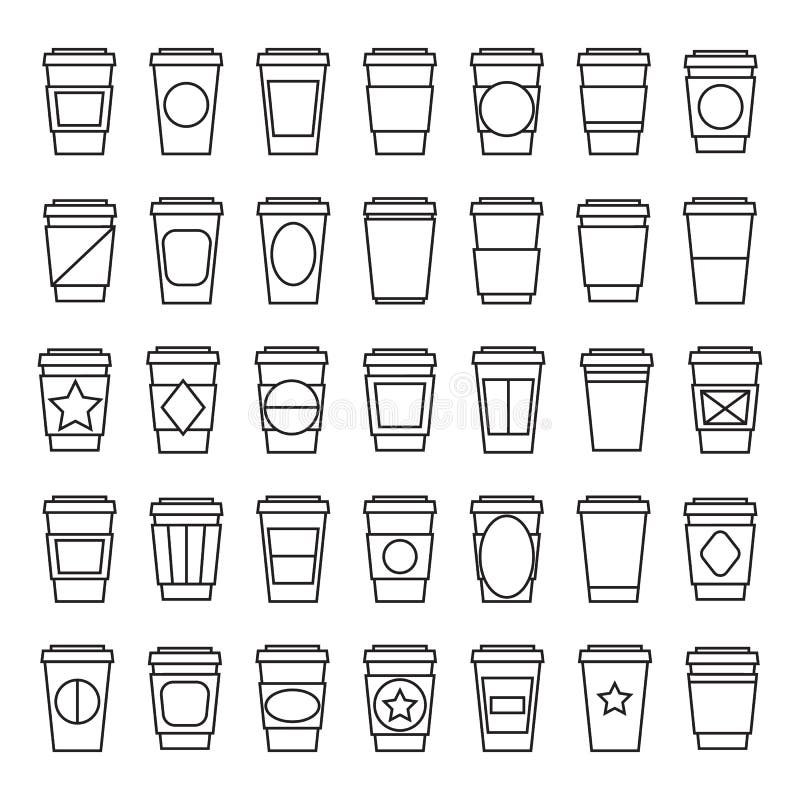 Paper Coffee Cups Outline Flat Style Isolated on a White Background ...