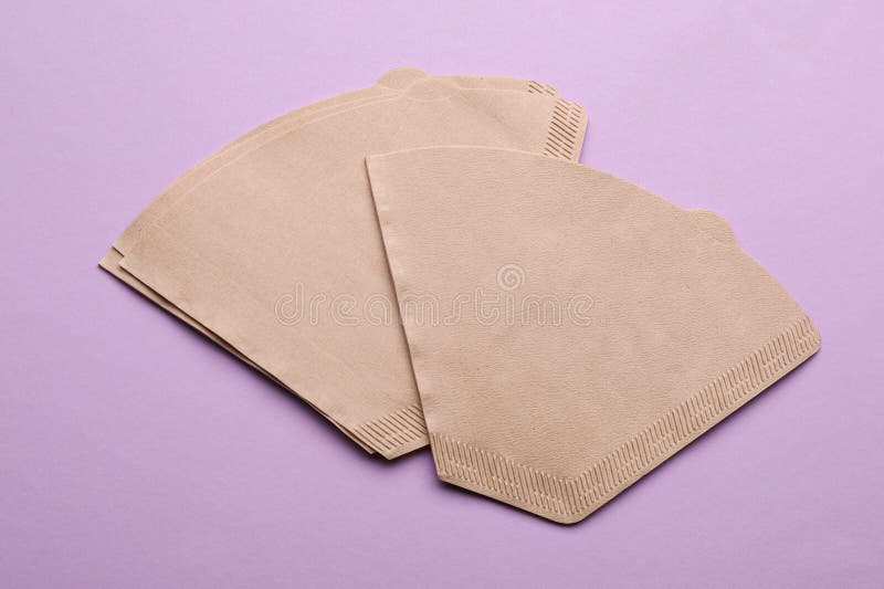 Paper Coffee Filters on Lilac Background, Flat Lay Stock Photo - Image ...
