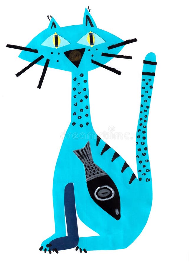 Paper Collage of Blue Cat with Fish Inside on White Background Stock ...