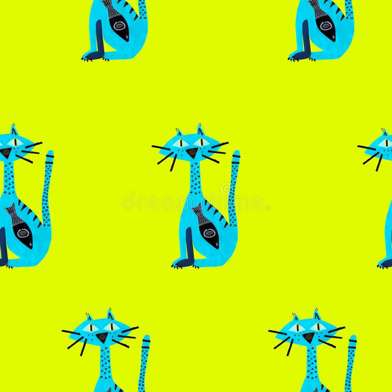 Paper Collage of Blue Cat with Fish Inside on Yellow Background Stock ...