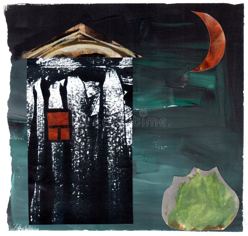 Paper Collage of House, Bush and Moon on Night Sky Background Stock ...