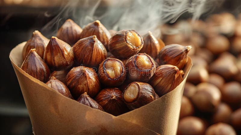 Paper Cones of Roasted Chestnuts Steaming in the Evening . Stock Image ...