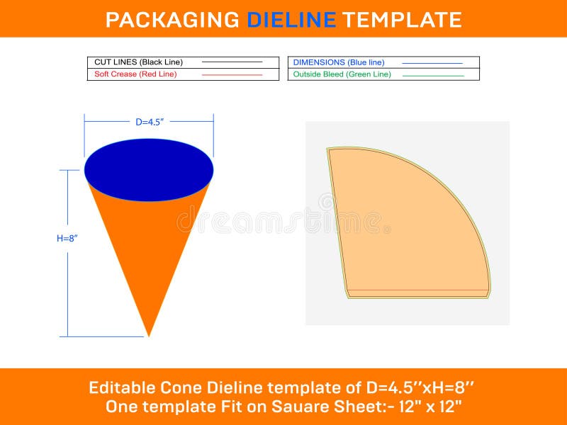Paper Cones for Snacks Extra-large Size Dieline Template D 4.5xH 8 Inch ...